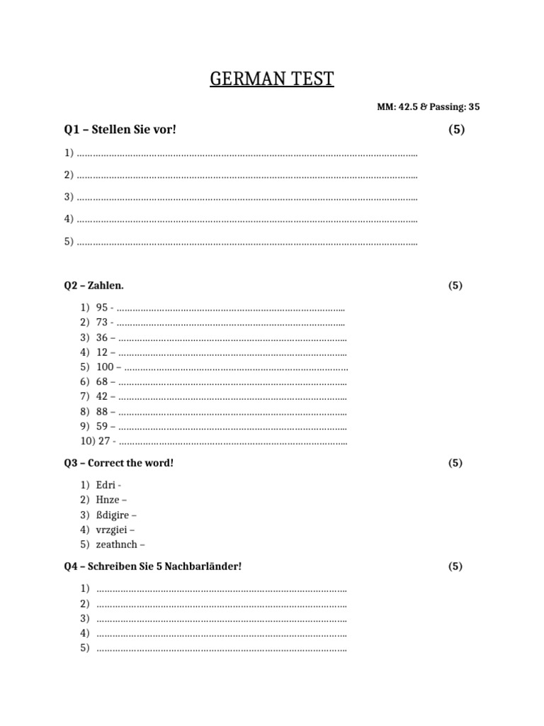 GERMAN TEST 5th Class | PDF