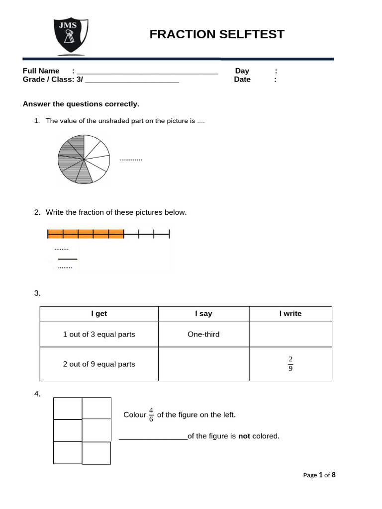 Fraction SELFTEST GRADE 3 | PDF