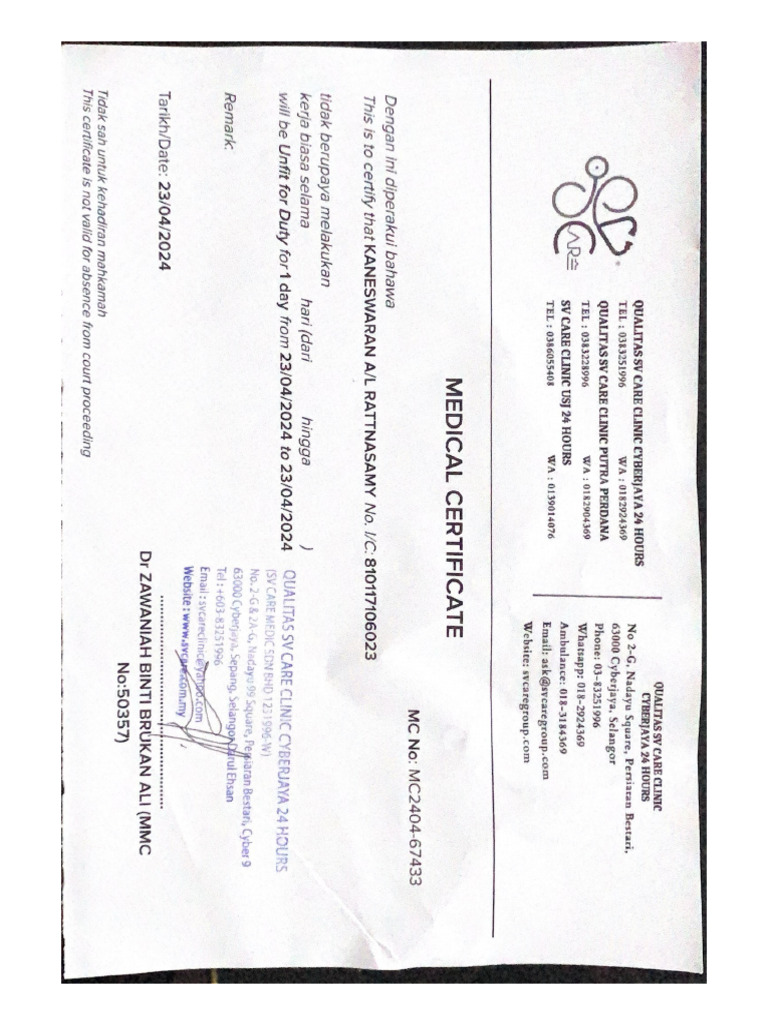 Qualitas SV Care Clinic Cyberjaya 24 Hours | PDF