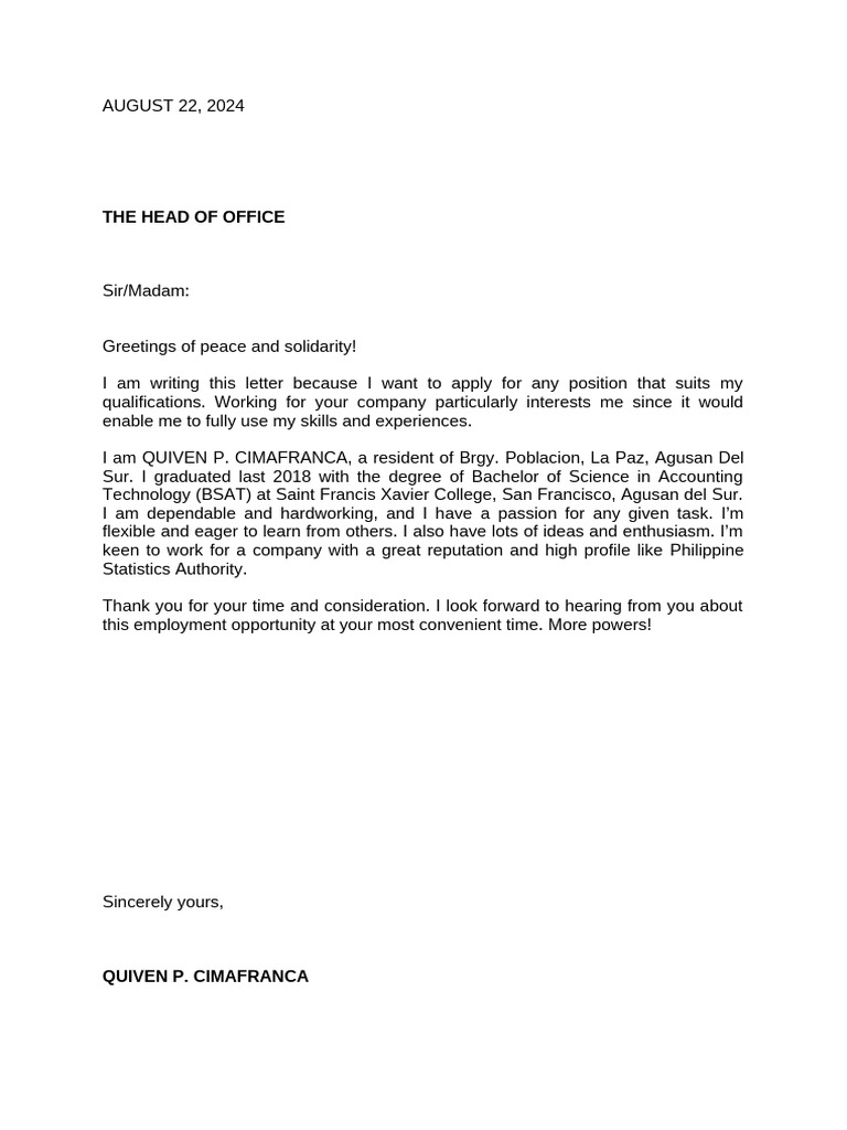 Application Letter of Quiven | PDF | Career & Growth