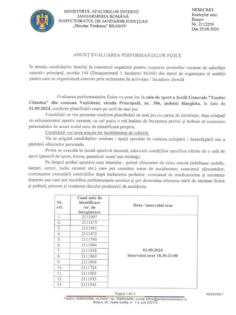 Anunt Evaluare Performante Fizice | PDF