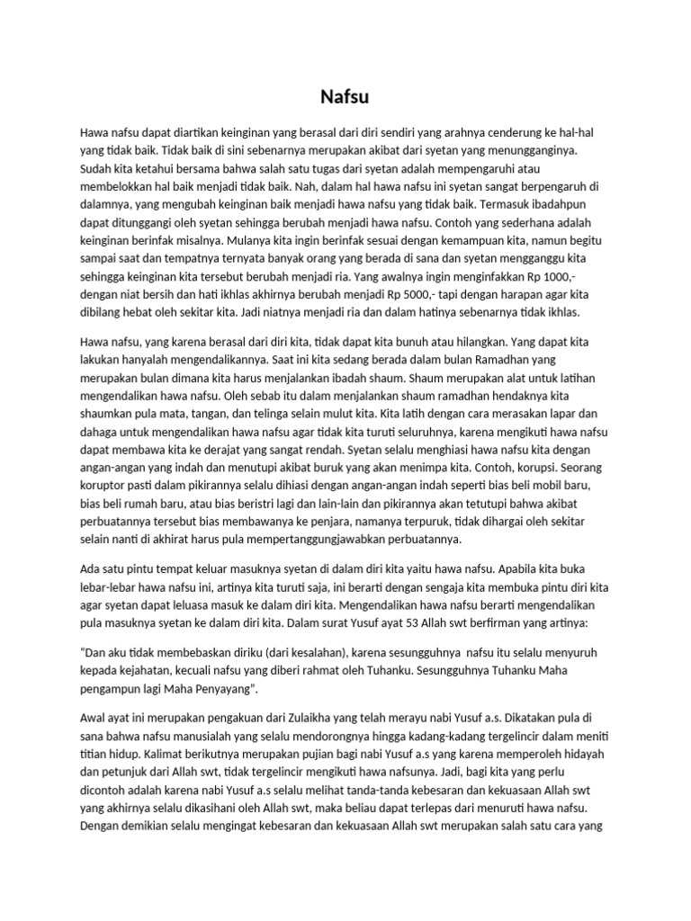 Hawa Nafsu Dapat Diartikan Keinginan Yang Berasal Dari Diri Sendiri Yang Arahnya Cenderung Ke ...