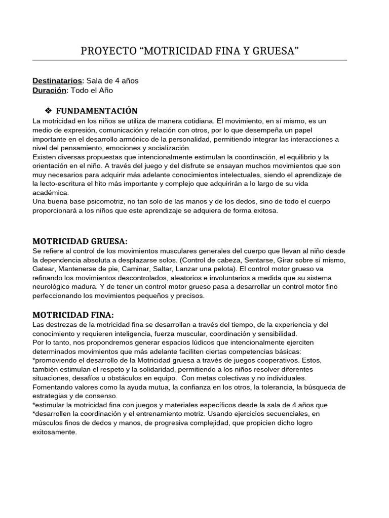 Proyecto Motricidad Fina y Gruesa | PDF | Aprendizaje | Cognición