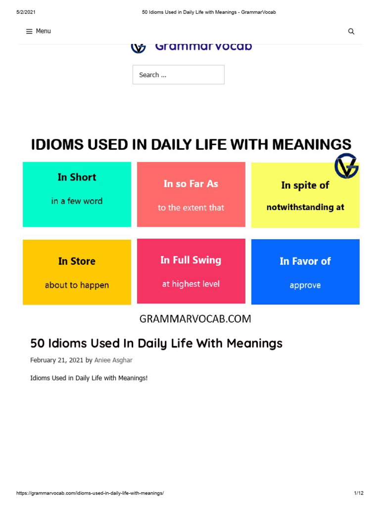 50 Idioms Used in Daily Life With Meanings - GrammarVocab | PDF