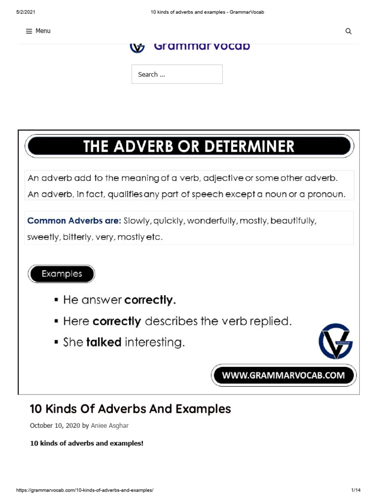 10 Kinds of Adverbs and Examples - GrammarVocab | PDF