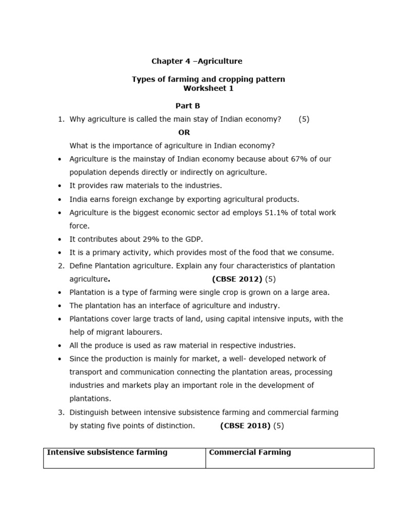 Chapter 4 Agriculture Worksheet Part B and Textual Questions | PDF
