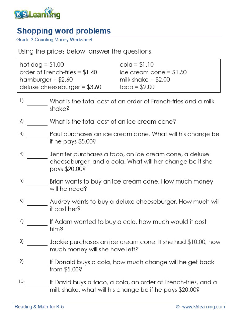 Grade 3 Counting Money Shopping Problems A | PDF