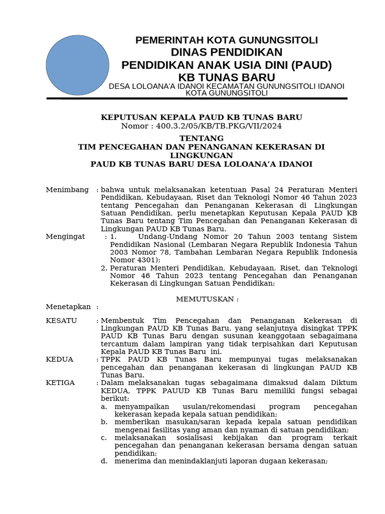 SK TPPK Paud KB Tunas Baru 2024 | PDF