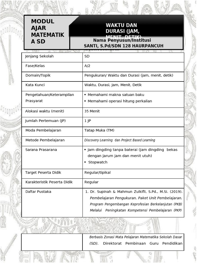 Modul Ajar Matematika - Waktu Dan Durasi (Jam, Menit, Detik) - Fase A - SANTI | PDF