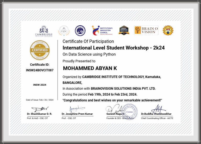 International Student Workshop 2024 On Data Science Using Python by Brainovision | PDF