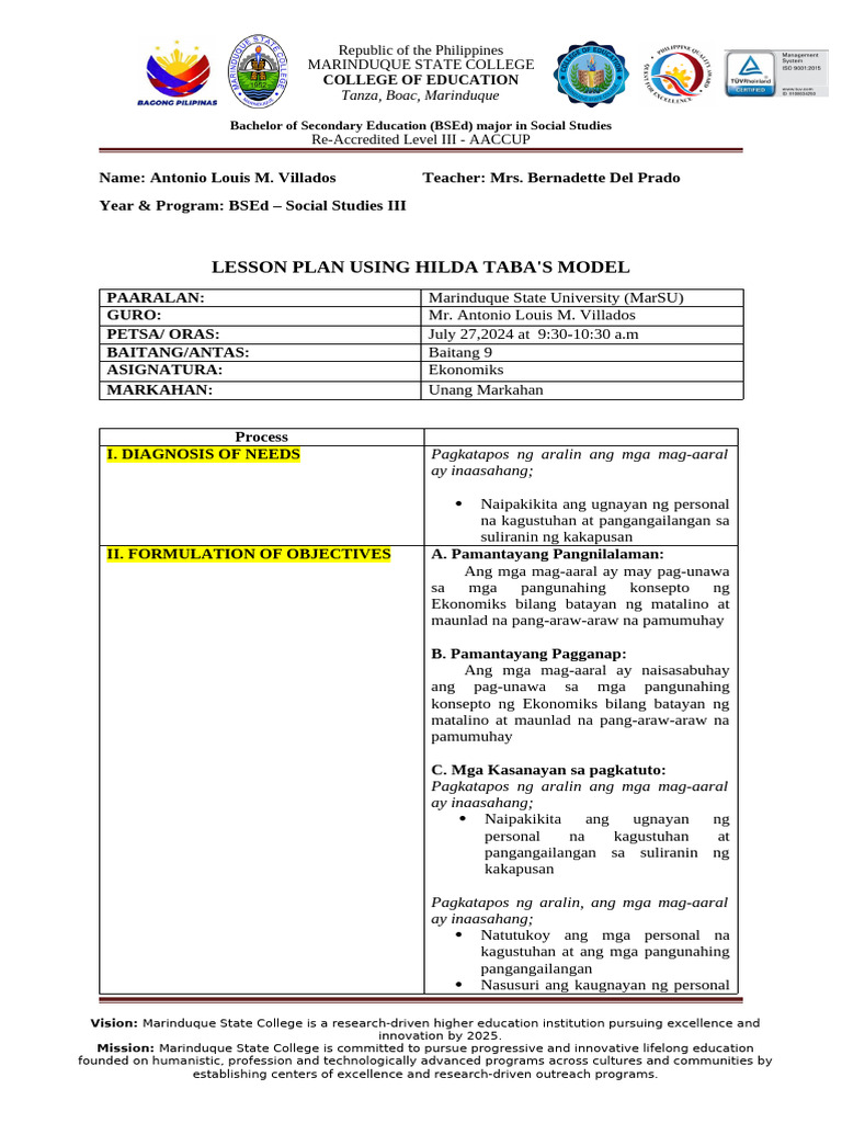 Lesson Plan Using Hilda Taba's Model | PDF