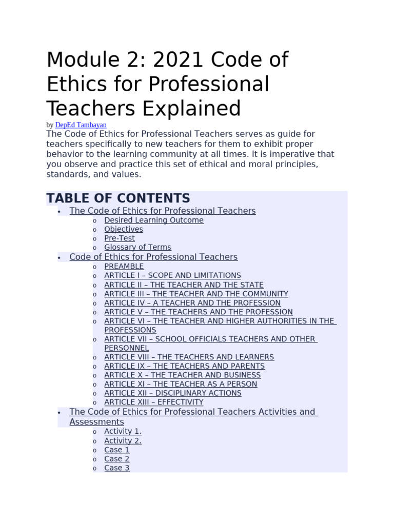 Module 2 - Course Audit The Code of Ethics For Professional Teachers | PDF