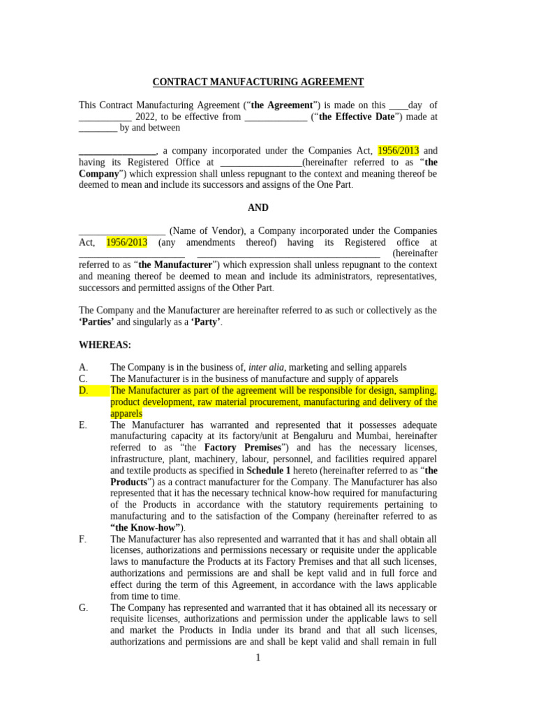 Contract Manufacturing Agreement Template | PDF