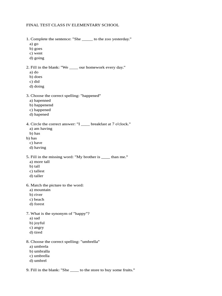 Final Test Class Iv Elementary School | PDF