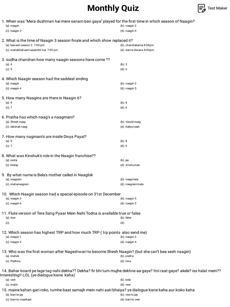 Monthly Quiz TestMaker | PDF