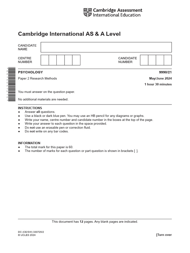 Cambridge International AS & A Level: PSYCHOLOGY 9990/21 | PDF