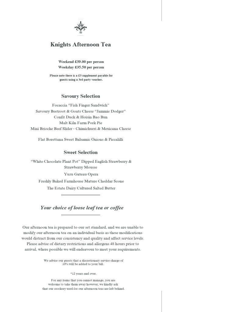 Coombe Knights Afternoon Tea Menu July 2024 PDF | PDF