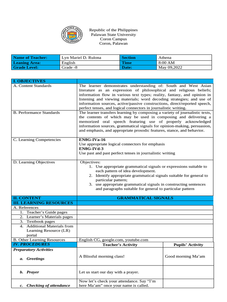 Name of Teacher: Section Leaning Area: Time Grade Level: Date | PDF