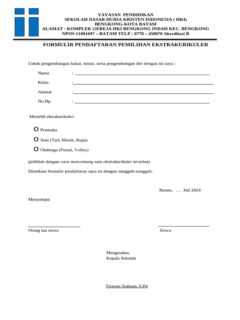 Formulir Pendaftaran Ekskul | PDF