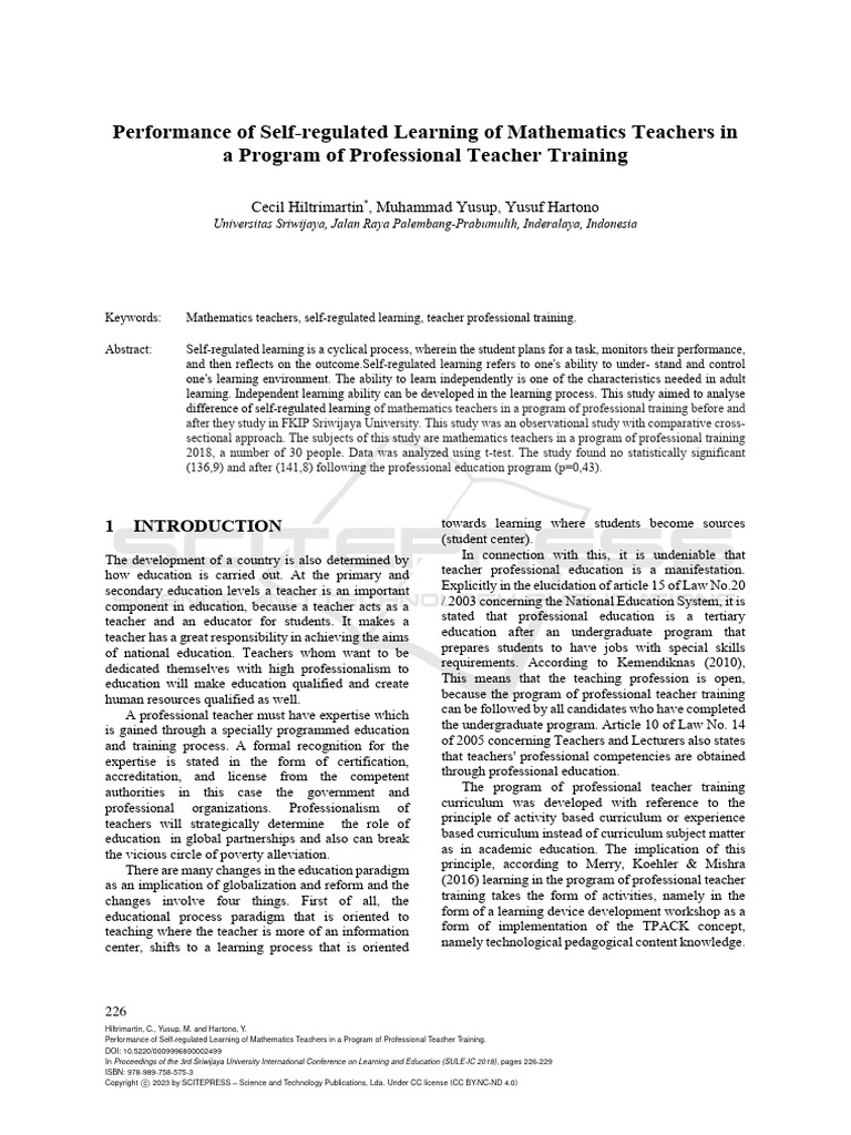 Performance of Self-Regulated Learning of Mathematics Teachers in A Program of Professional ...
