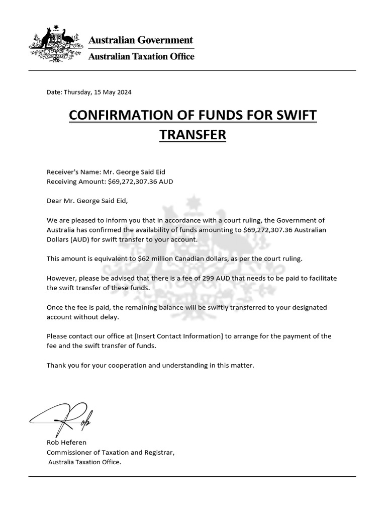 Confirmation of Funds For Swift Transfer | PDF