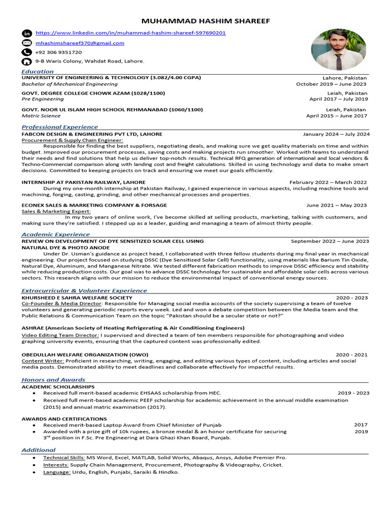Muhammad Hashim Shareef-Updated CV | PDF