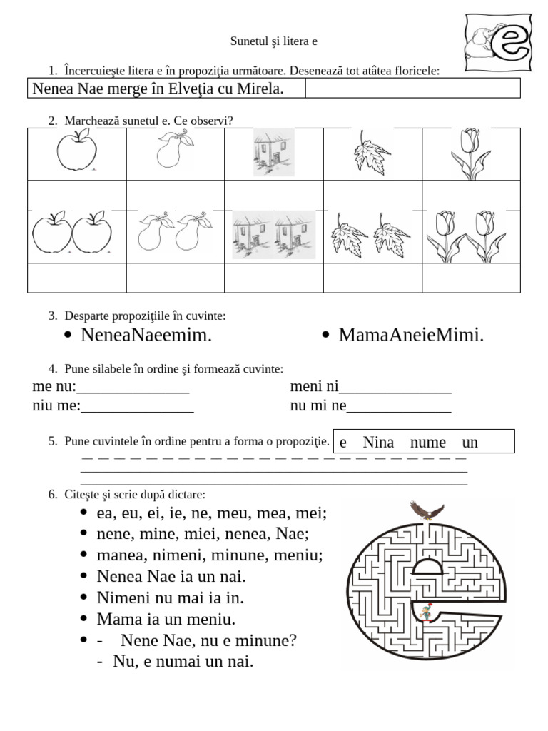 1 Sunetul Si Litera e | PDF 1 Sunetul Si Litera e | PDF