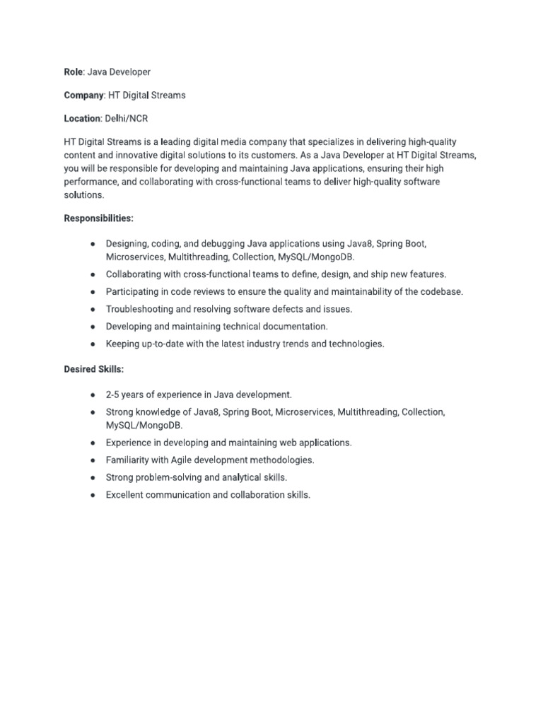 Java Developer JD | PDF