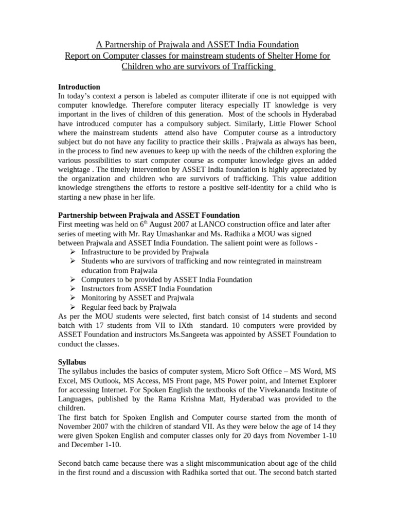 ASSET-Prajwala REPORT 2-12-08 | PDF