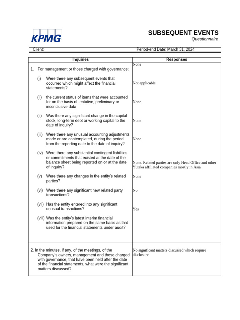 UGPI - Subsequent Events Questionnaire | PDF