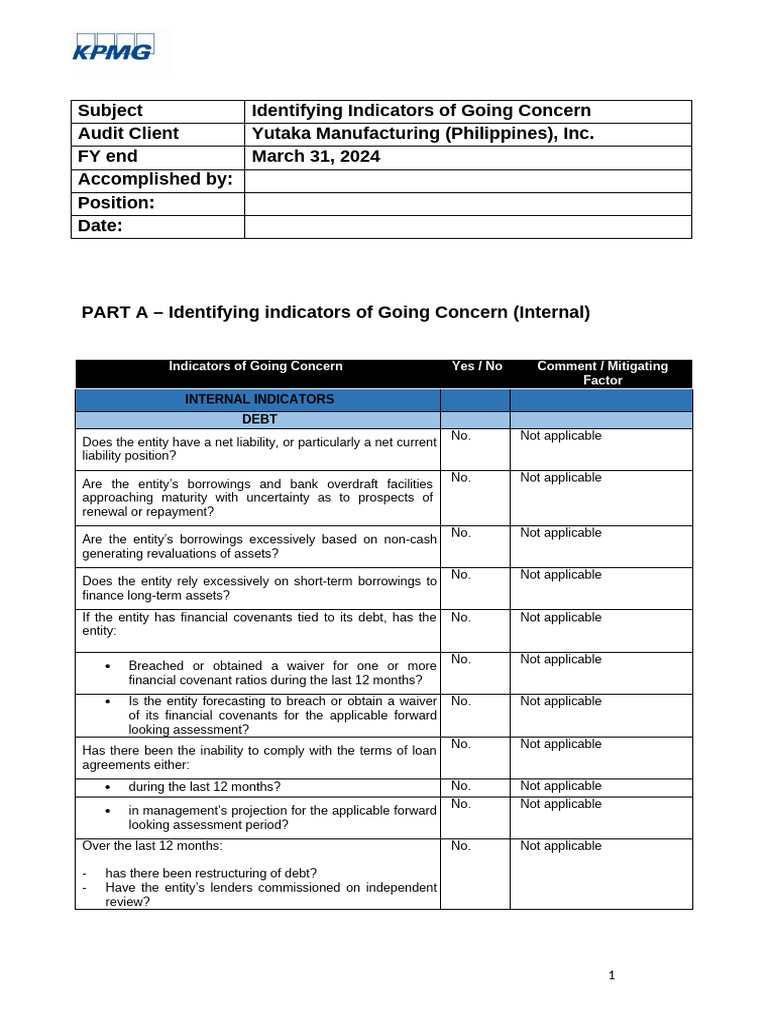 Going Concern Questionnaire - Ympi | PDF