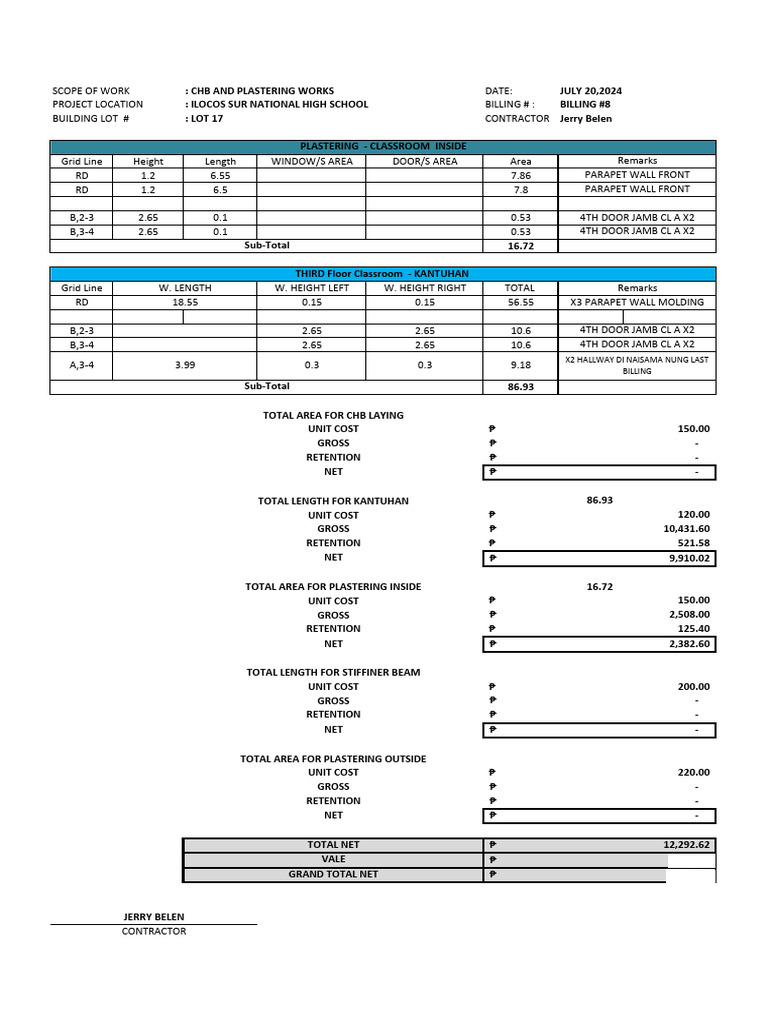 JB Billing #8 Lot 17 CHB and Plastering Works | PDF | Architectural ...