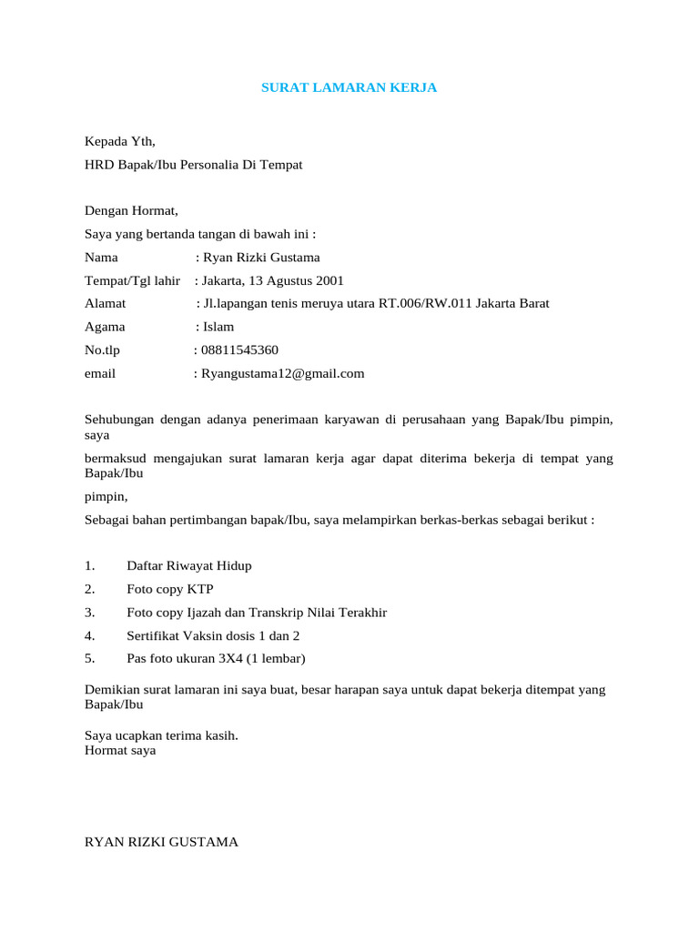 CV, Lamaran Kerja Ryan Rizki G | PDF