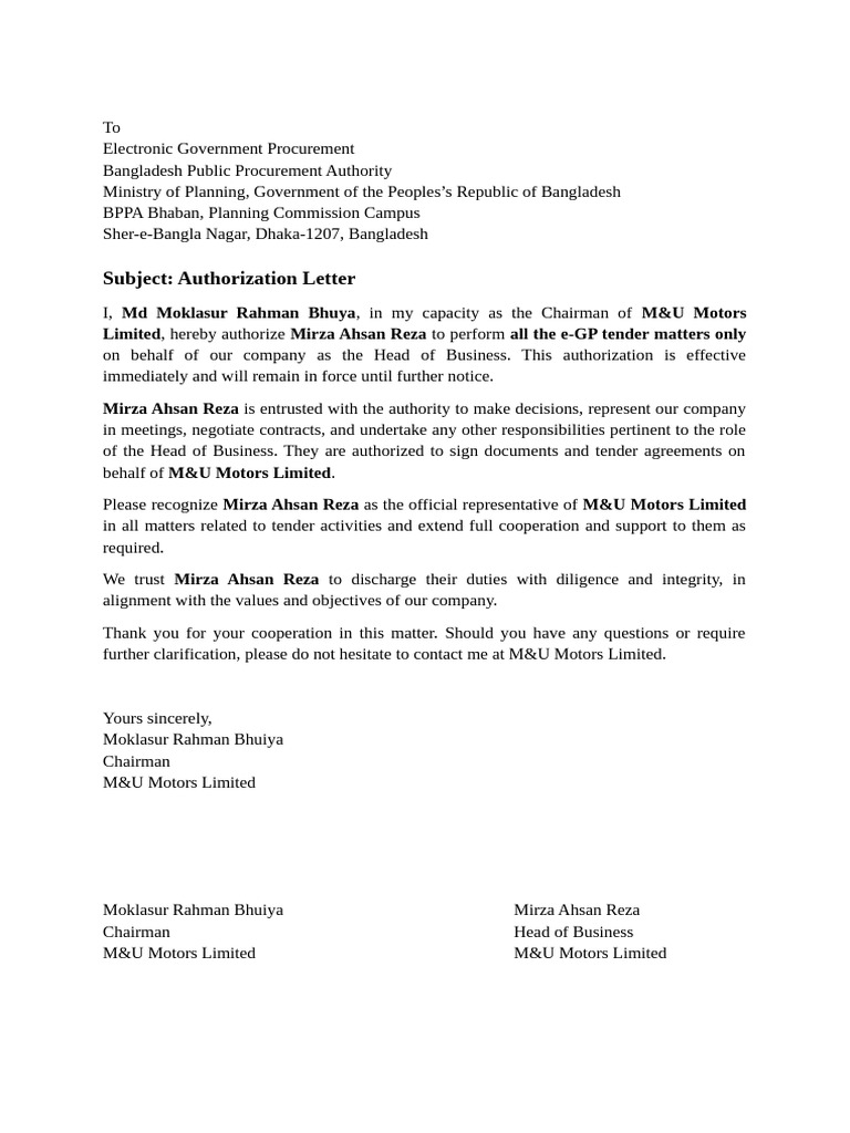 Authorization Letter eGP | PDF