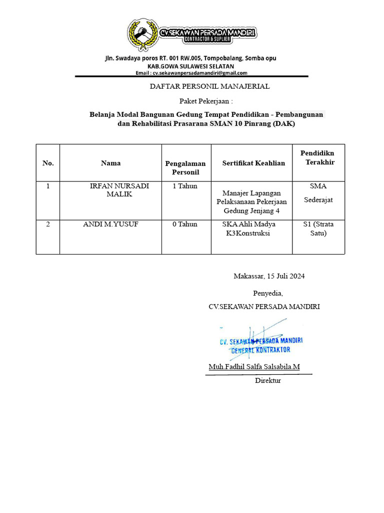 Daftar Personil Sman 10 Pinrang | PDF