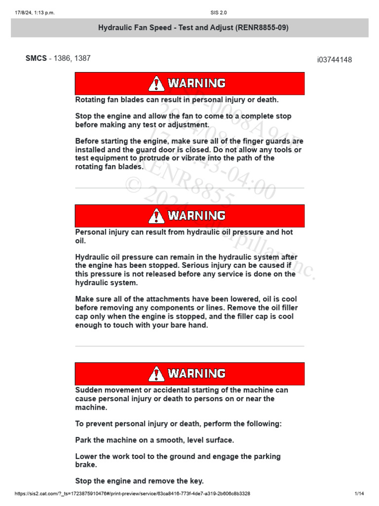 Hydraulic Fan Speed - Test and Adjust (RENR8855-09) SIS 2.0 | PDF