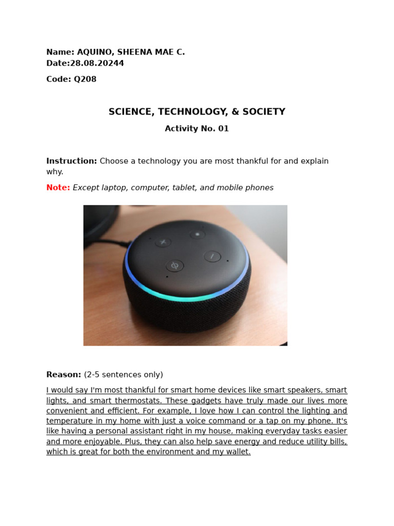 Science, Technology, & Society: Name: Aquino, Sheena Mae C. Date:28.08.20244 Code: Q208 | PDF