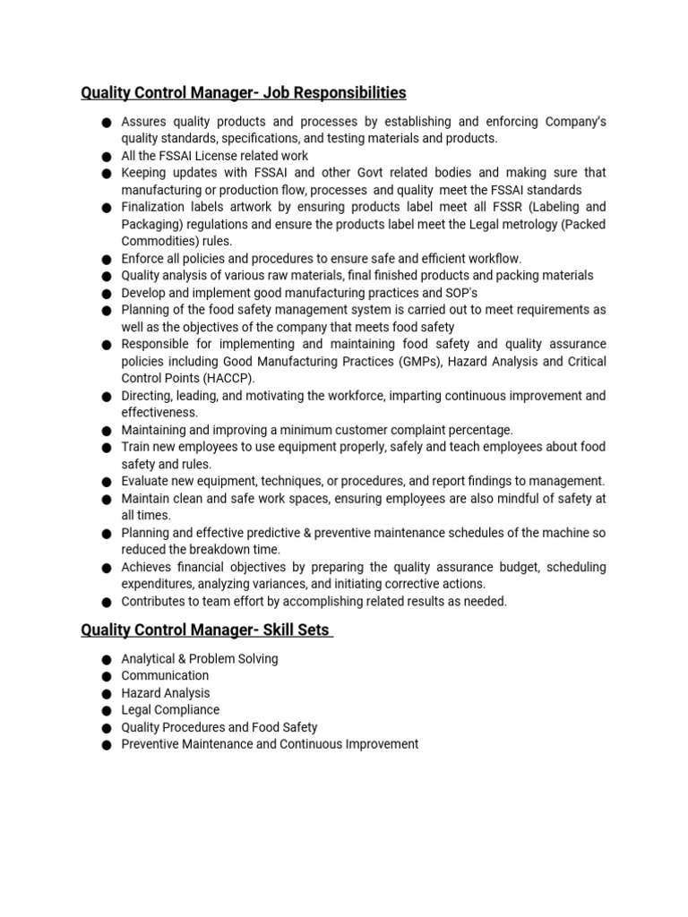 Quality Control Manager - Job Responsibilities | PDF