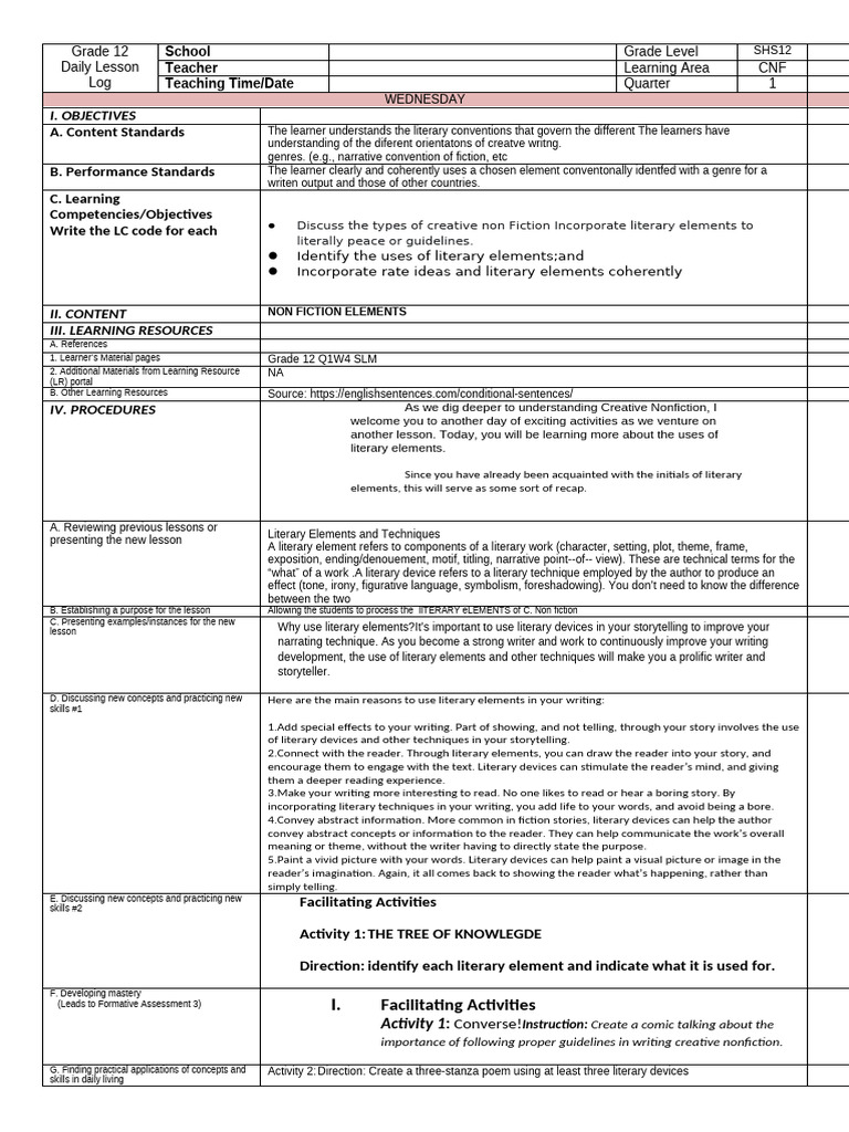 Grade 12 Creative Nonfiction Lesson Plan | PDF | Storytelling ...
