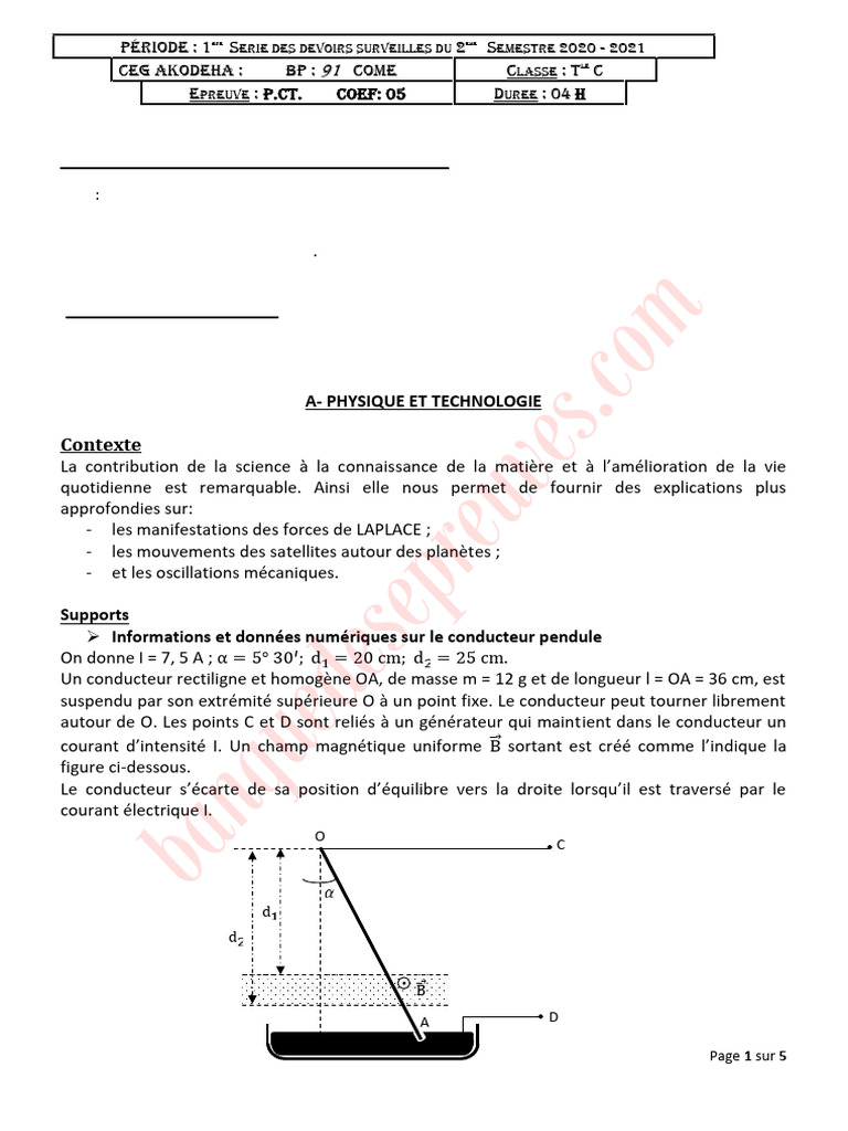 1er Devoir Du 2ème Semestre PCT Tle C 2020-2021 Ceg Akodeha | PDF