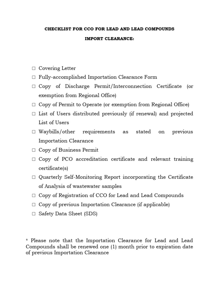 CCO Importation Checklist For Lead | PDF