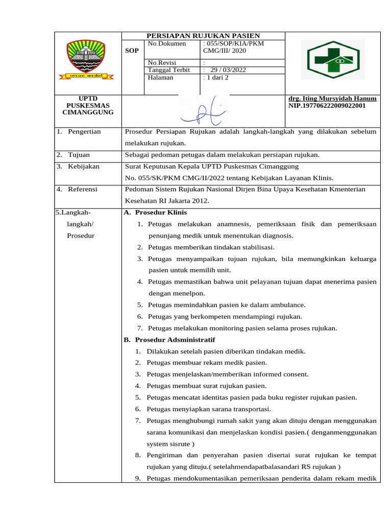 055 Sop Persiapan Rujukan Pasien | PDF