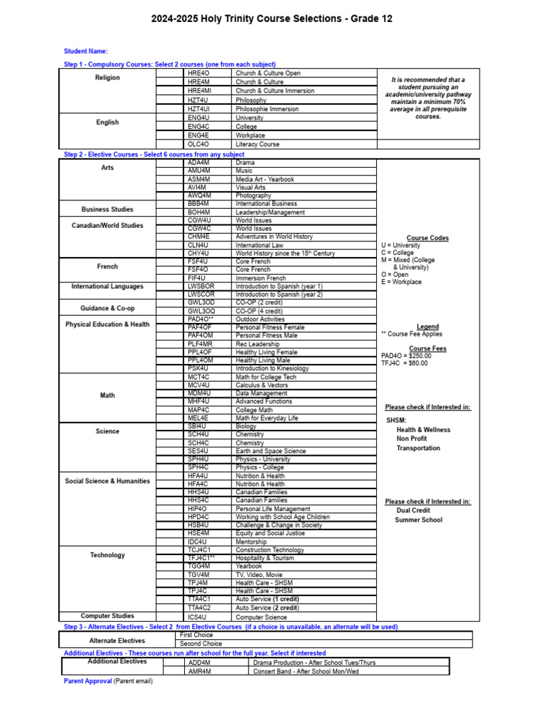 Grade 12 2024-25 Course Selections | PDF