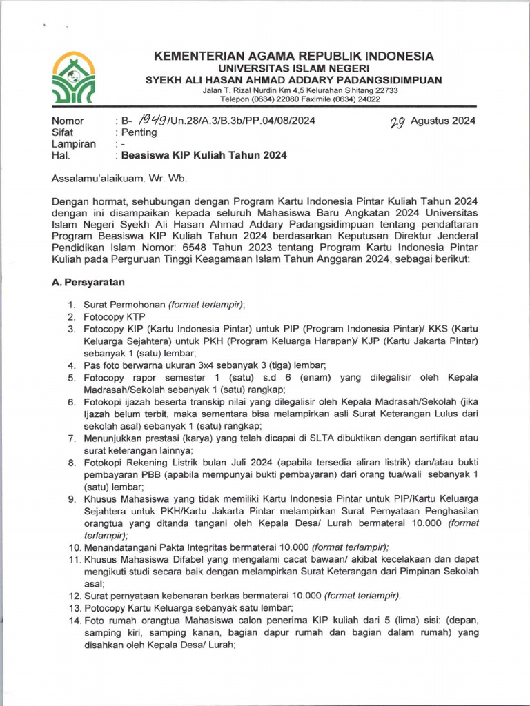 1949 - Pengumuman Penerimaan KIP Kuliah UIN Syahada PSP 2024 | PDF