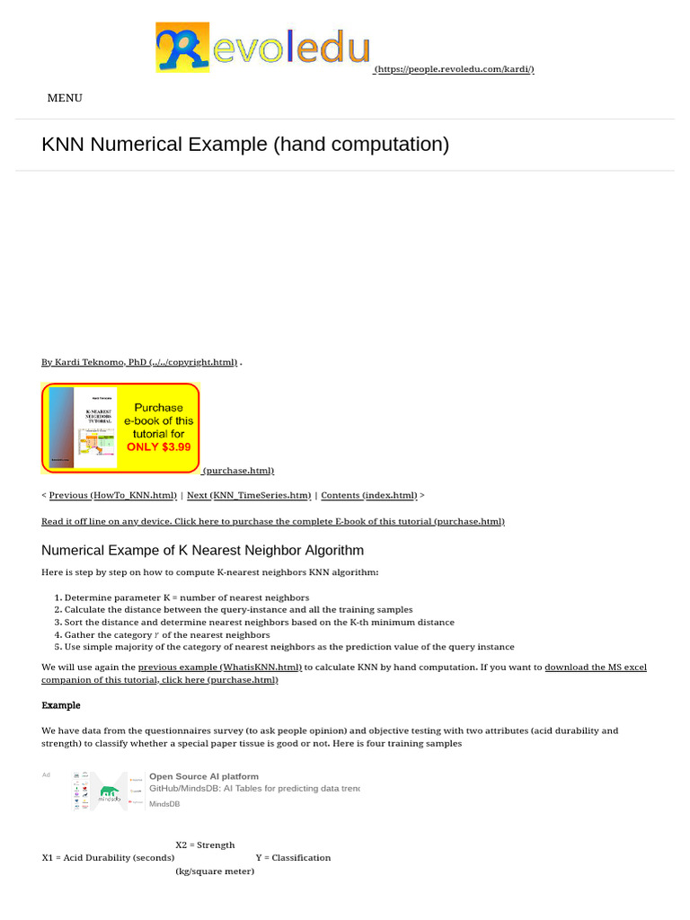 KNN Numerical Example (Hand Computation) : Numerical Exampe of K ...