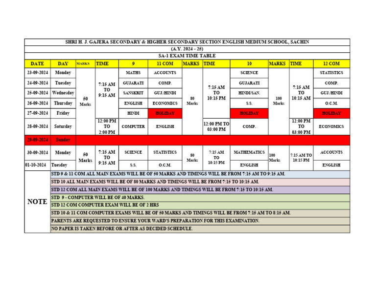 SA-I Time Table Secondary | PDF