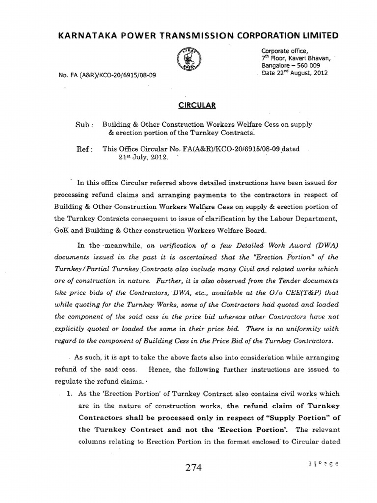 Circular Dated 22.08.2012 by KPTCL | PDF