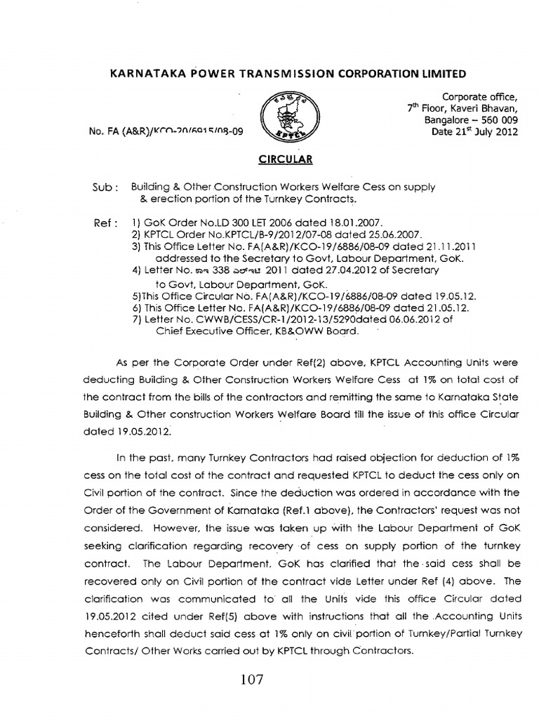 Circular Dated 21.07.2012 by KPTCL | PDF