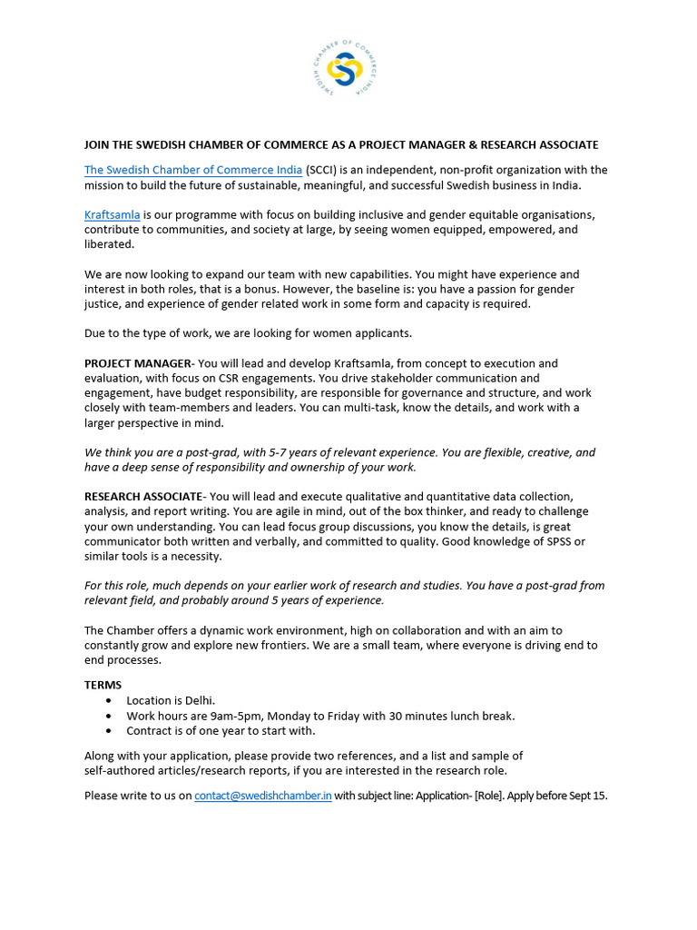 SCCI Open Positions Kraftsamla by Sept 15 2024 | PDF