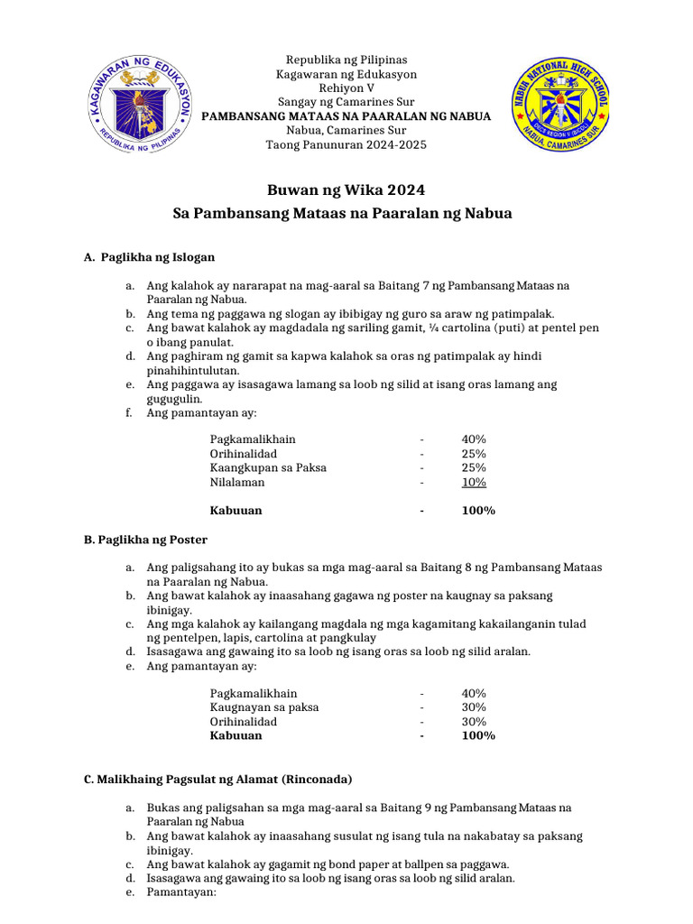 Panuntunan at Pamantayan Sa Tagisan NG Talino 2019 | PDF